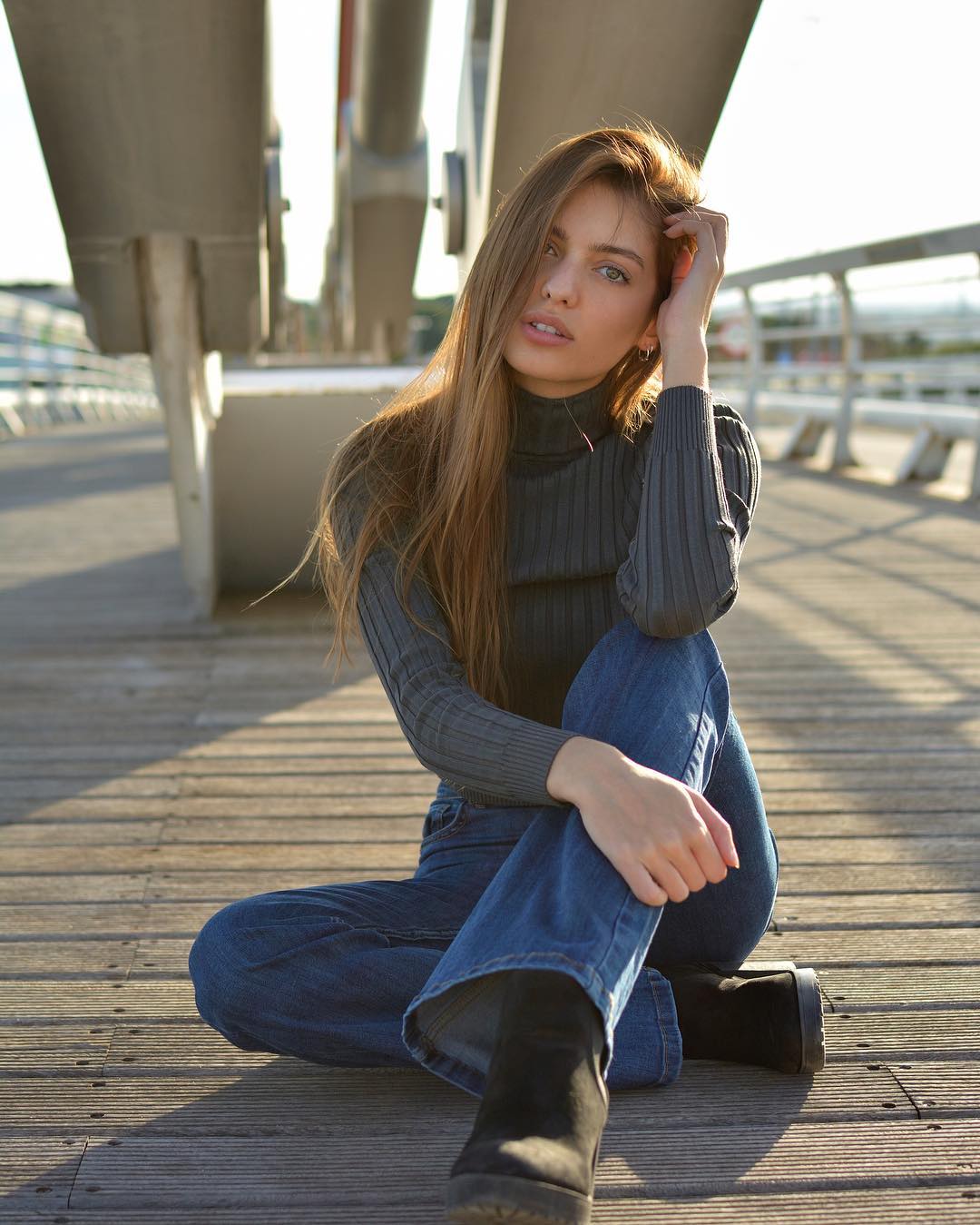 Woman Jeans Turtleneck Bridge Portrait