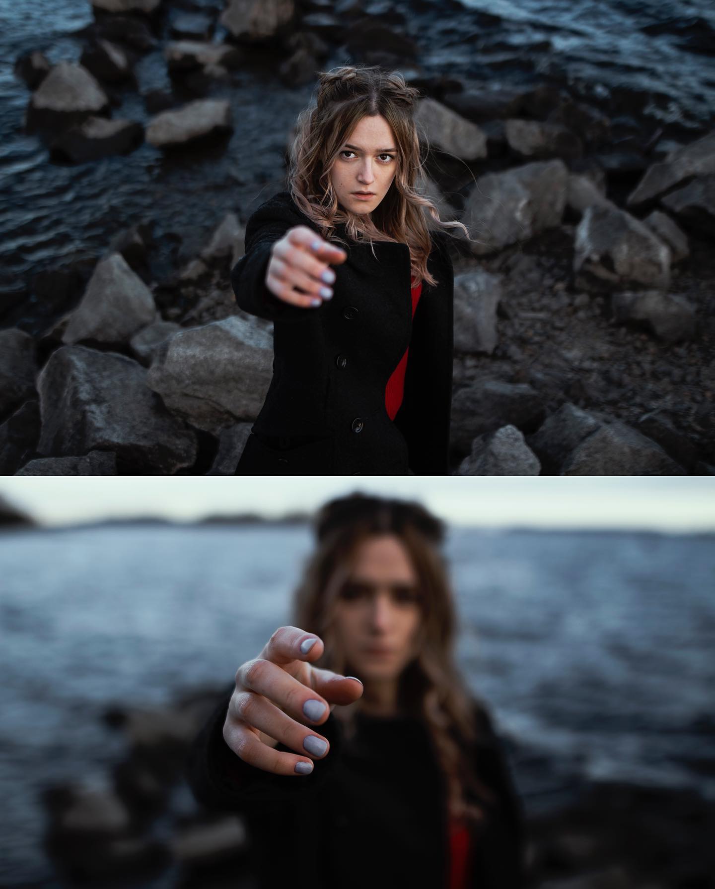 Woman Pointing Lake Shore Intense Mood