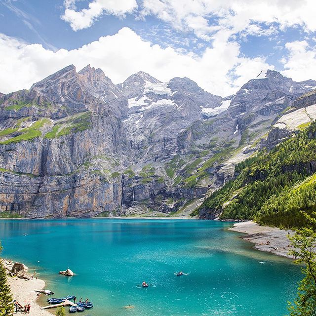 Lake Oeschinen Swiss Alps Turquoise Water Boats