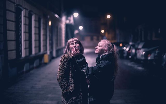 Two Women Smoking Cigarette Night Street