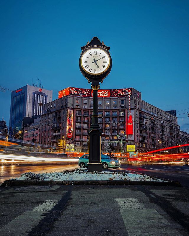 Piata Romana Clock Tower Night City Traffic