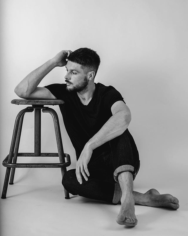 Man Sitting Barefoot Stool Monochrome Studio