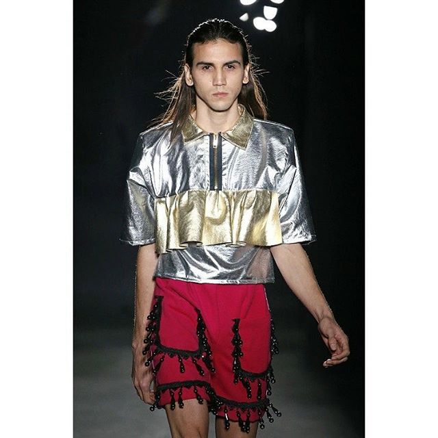 Male Fashion Model Silver Red Outfit Runway